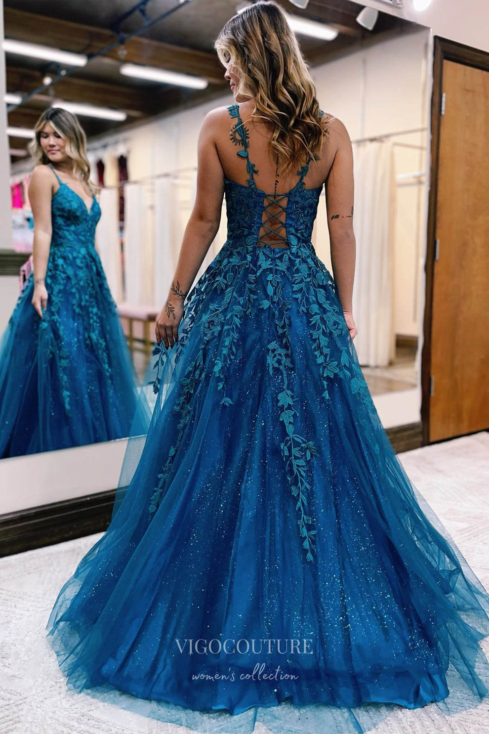 Blue Sparkly Tulle Lace Applique Prom Dress with Spaghetti Strap, V-Ne ...