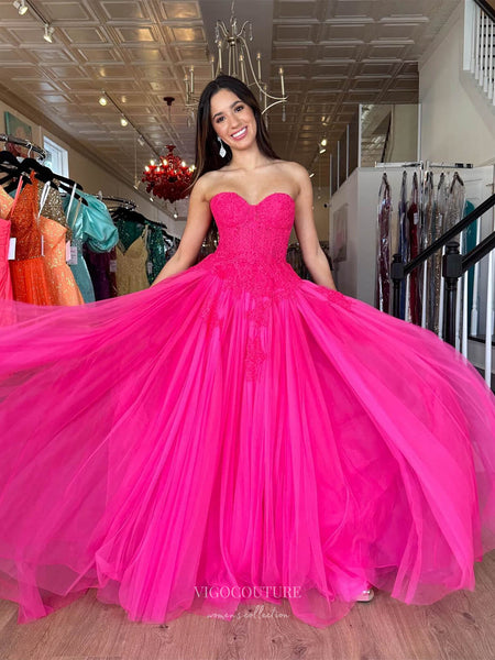 Fuchsia Strapless Prom Dresses Lace Applique Formal Dress 24026 ...