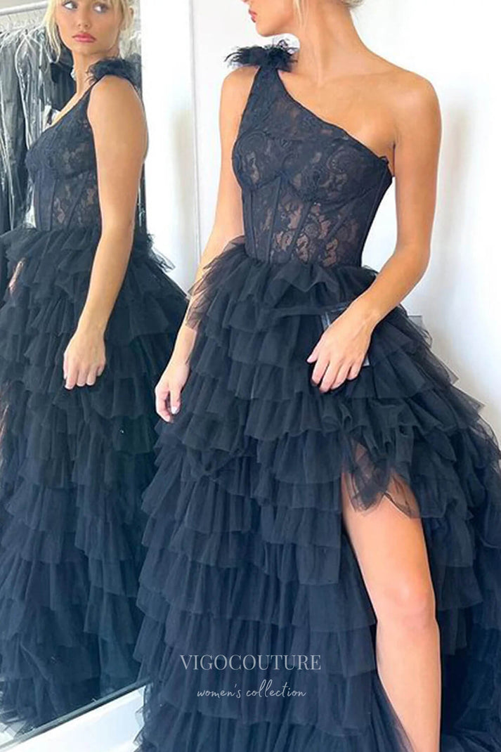 Gorgeous One-Shoulder Prom Dress with Lace Applique, Ruffled Bottom, a ...