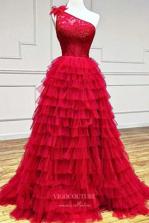 Gorgeous One-Shoulder Prom Dress with Lace Applique, Ruffled Bottom, a ...