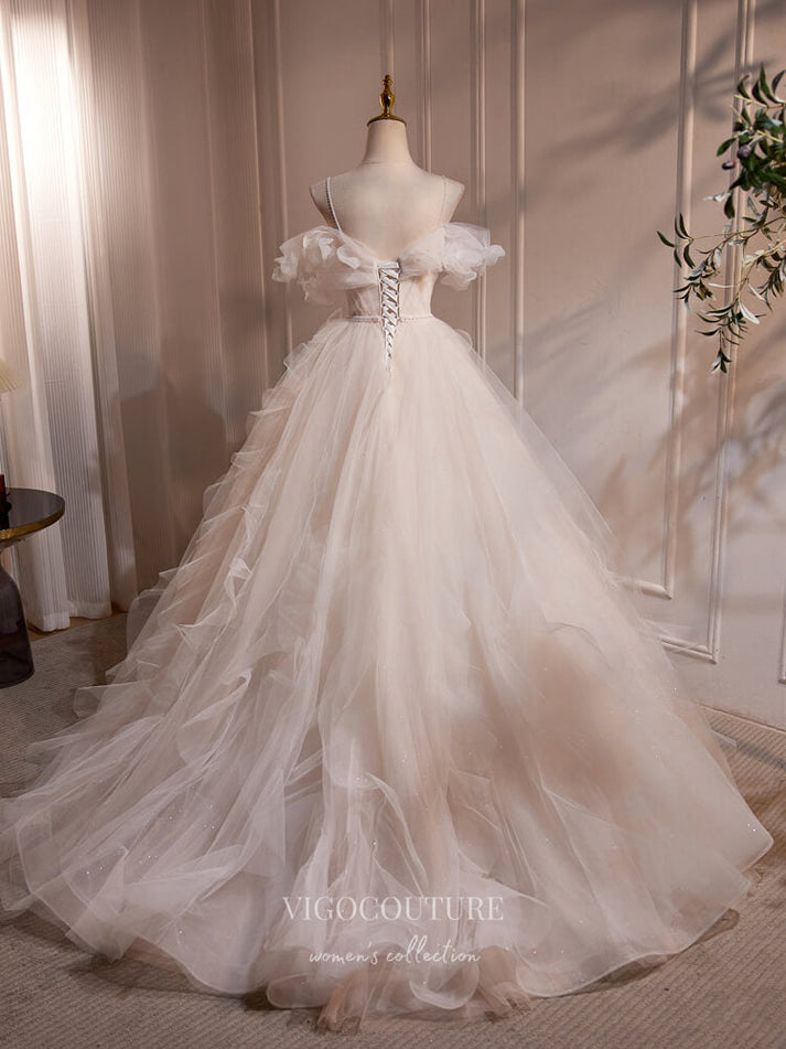 Ivory Floral Tulle Prom Dresses Off the Shoulder Spaghetti Strap 24386 ...