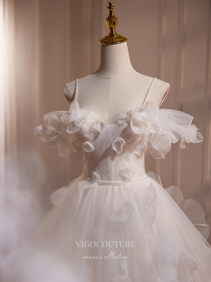 Ivory Floral Tulle Prom Dresses Off the Shoulder Spaghetti Strap 24386 ...