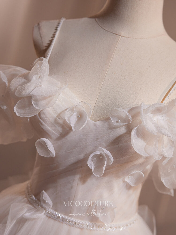 Ivory Floral Tulle Prom Dresses Off the Shoulder Spaghetti Strap 24386 ...