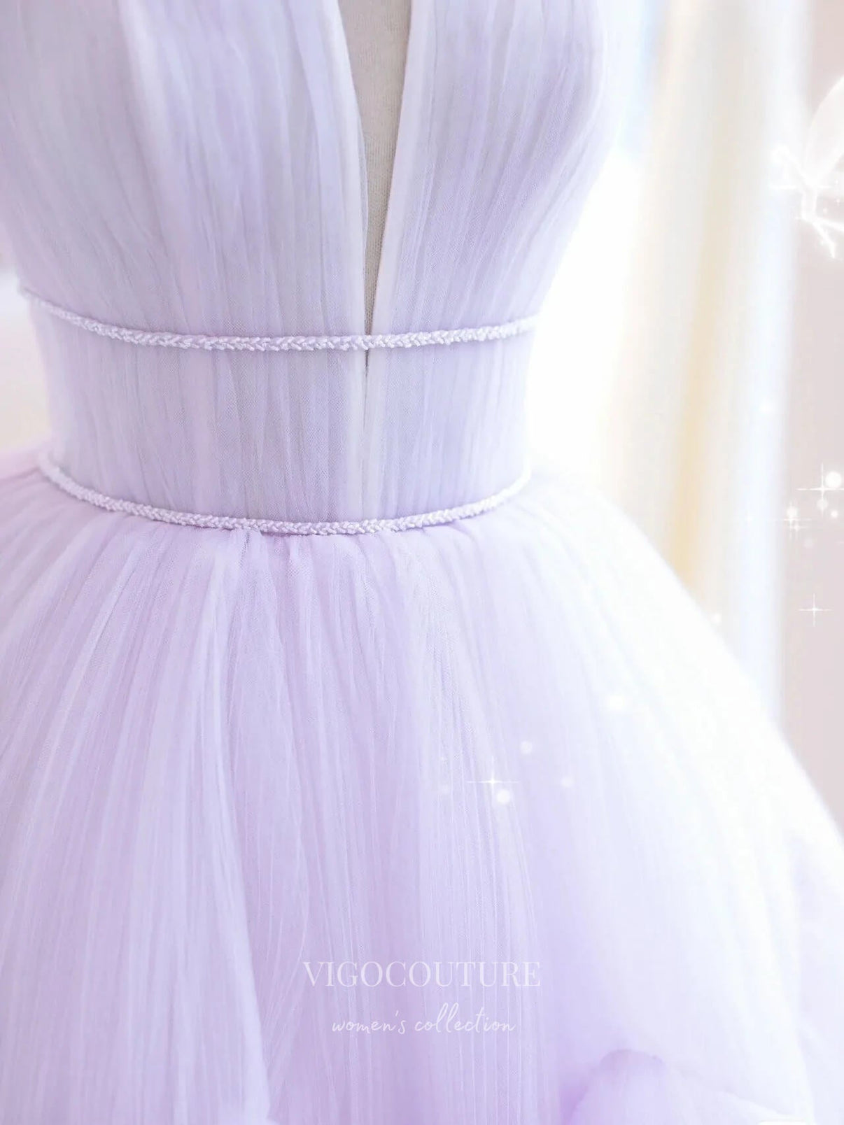 Lilac Tulle Prom Dresses Strapless Ruffled Formal Gown 21838 – vigocouture