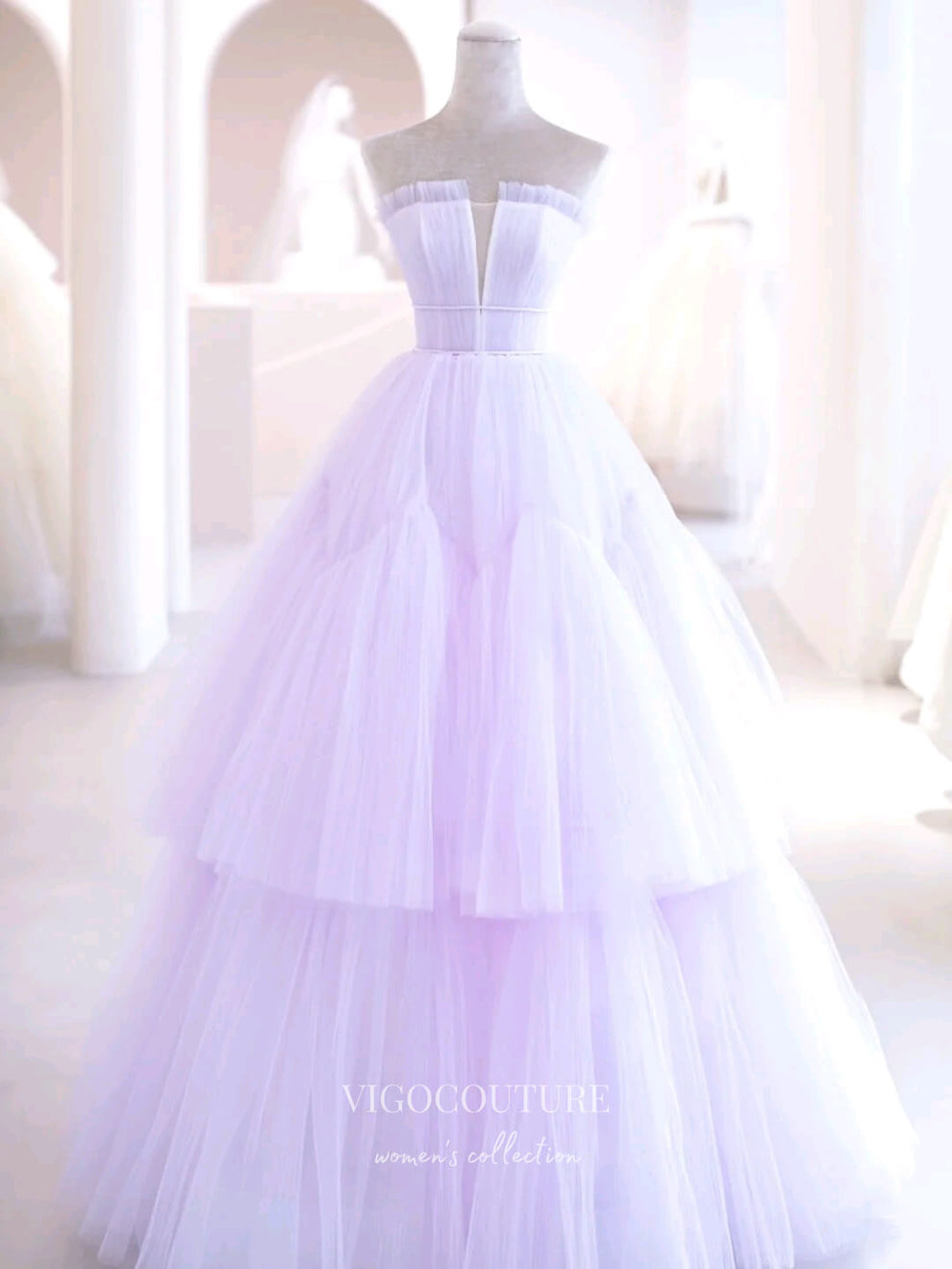 Lilac Tulle Prom Dresses Strapless Ruffled Formal Gown 21838 – vigocouture