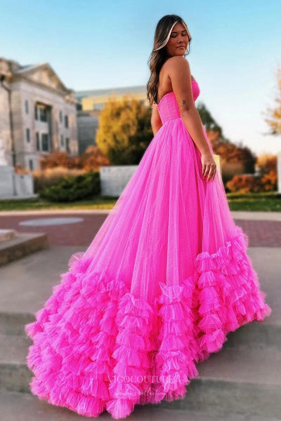Pink Tiered Ruffled Prom Dresses Strapless Layered Formal Gown 24358 ...