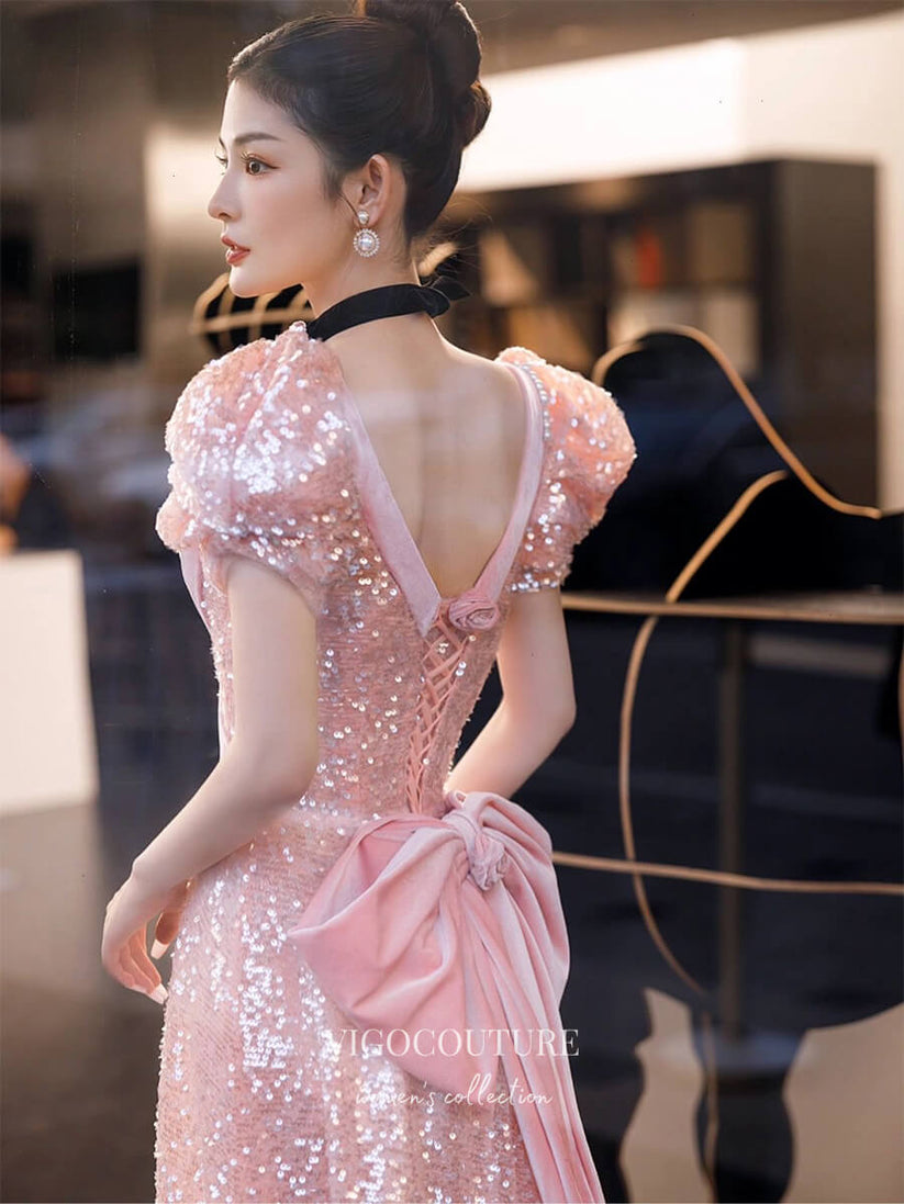 Shimmering Pink Sequin Prom Dress with Ruffles and Puffed Sleeve 22362 ...