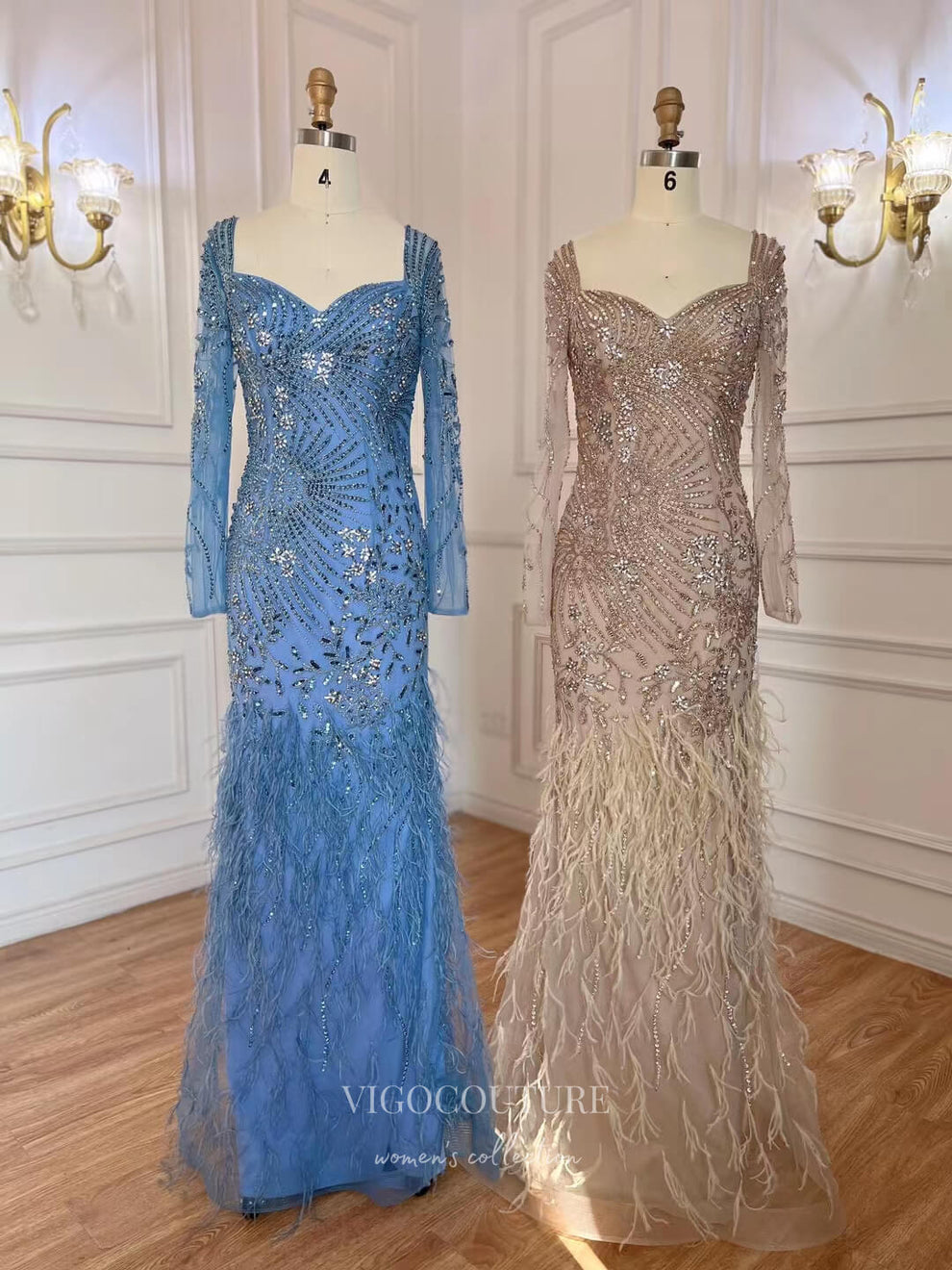 Vintage Beaded Feather Prom Dresses Long Sleeve Evening Dress 22125 ...