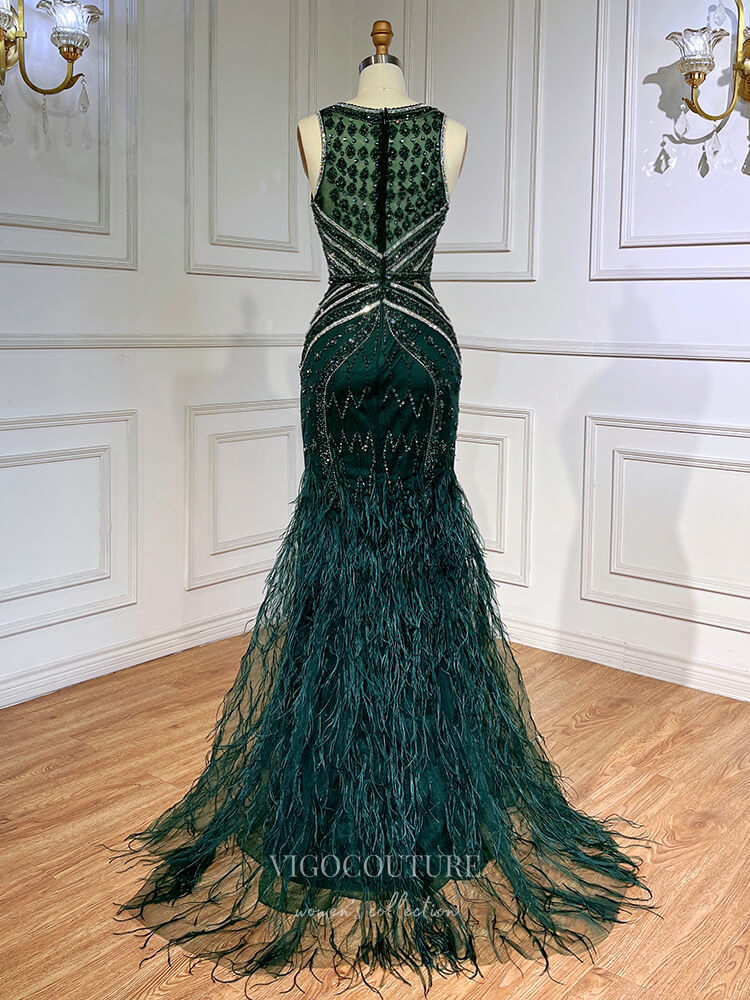 Vintage Beaded Feather Prom Dresses with Slit Mermaid 1920s Evening Dr ...